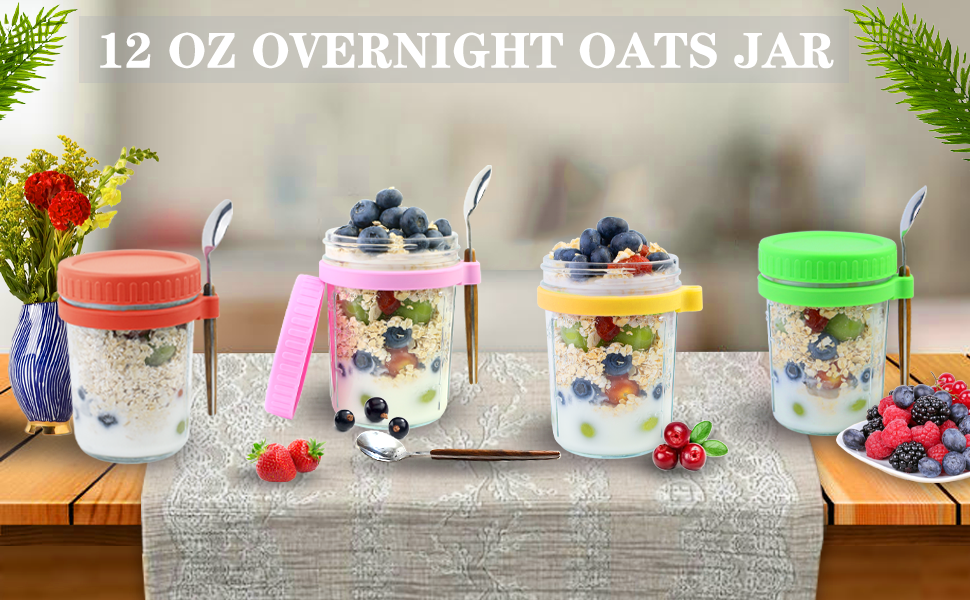 Kvittra 4 Pack Overnight Oats Jars, Oats Containers with lids and spoon - Oats Jars 12 oz Large ...