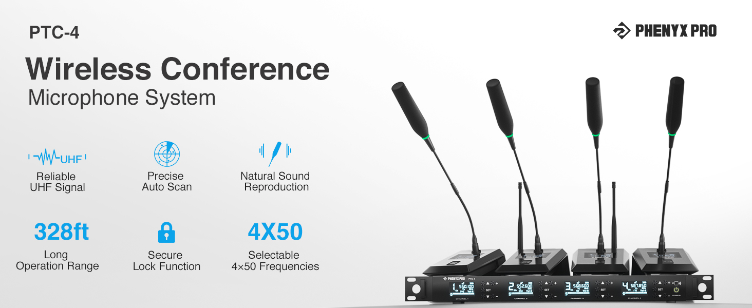 Amazon.com: Phenyx Pro Wireless Conference Microphone System, Quad Channel Wireless Podium ...