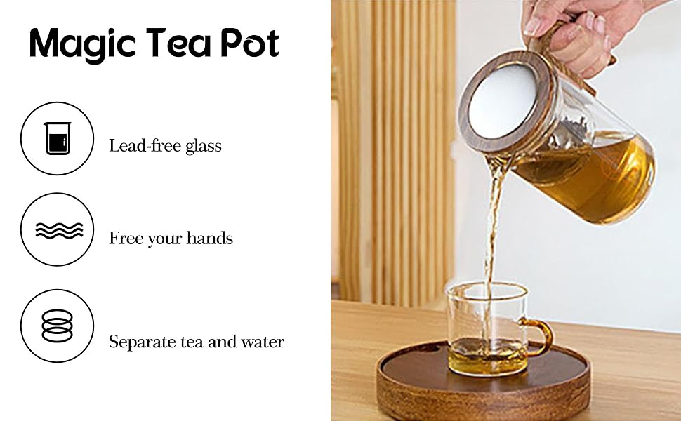 Amazon.com | Enchanti Tea Pot with Wooden Handle - Water Separation Glass Teapot, Press Control ...