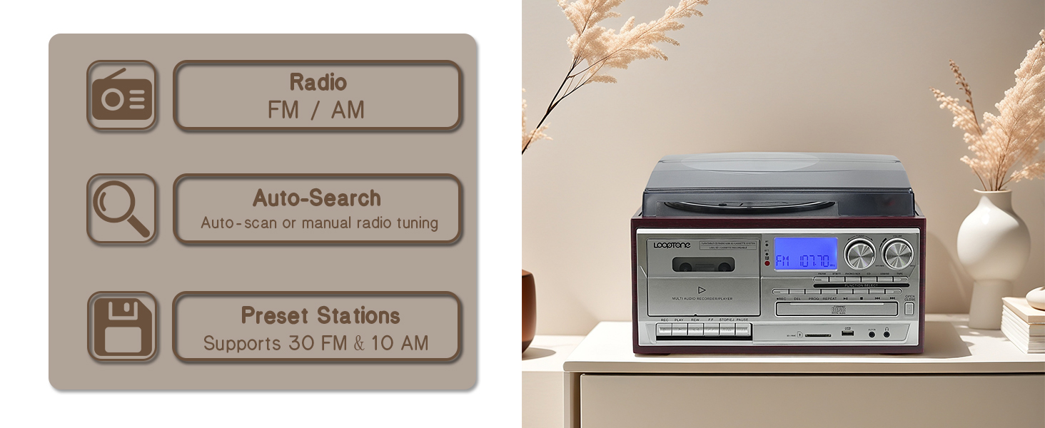 Amazon.com: LoopTone Vinyl Record Player 10 in 1 3 Speed Bluetooth ...