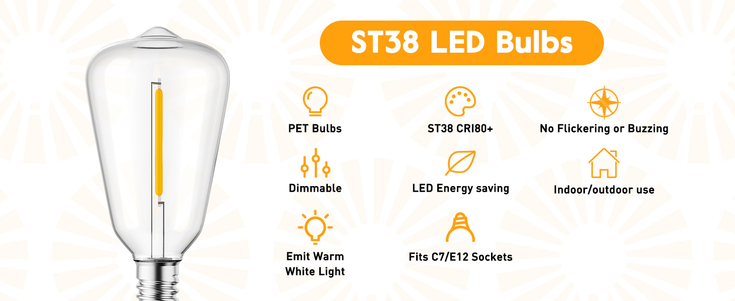 Brightown 25 Pack ST38 LED Light Bulbs, Outdoor String Light Replacement Dimmable Shatterproof ...