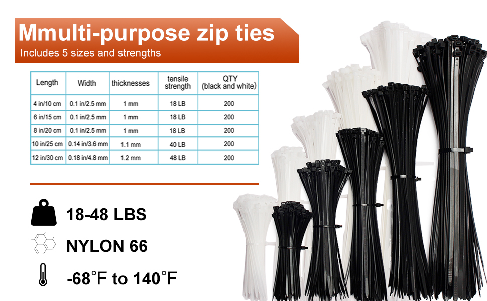 Amazon.com: Mriuuod Zip Ties 1000 Pcs Cable Management Black White Assorted Sizes Wire Nylon ...