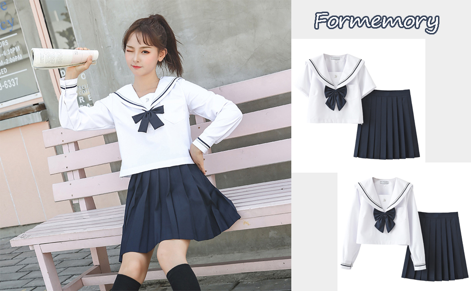 Amazon.co.jp: [Formemory] セーラー服 本格制服 コスプレ JK 女子高生 ホワイト 長袖と半袖の2種類 セーラー服 紺色 蝶結び 3点セット JKスカート スクール ...