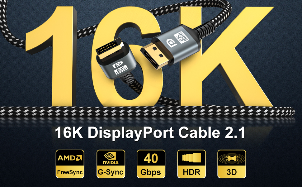 Amazon.com: Jojobnj 16K DisplayPort Cable 2.1, 0.5M [16K@60Hz, 8K@120Hz, 4K@240Hz, 40Gbps ...