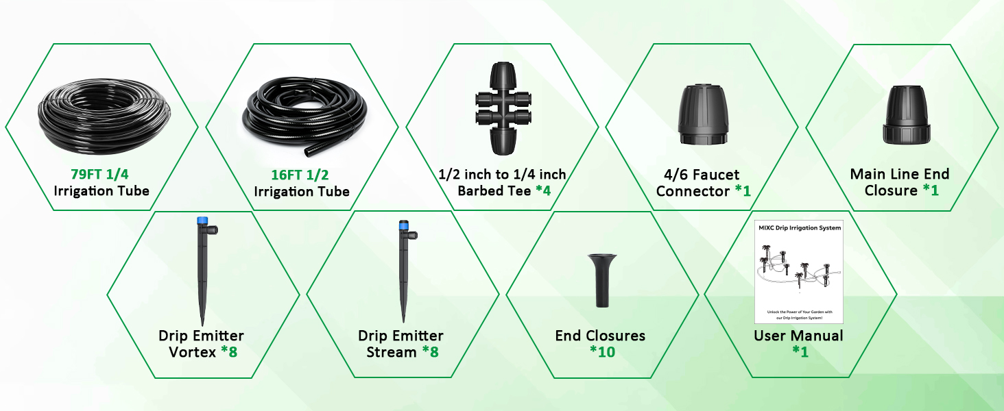 MIXC Quick-Connect Drip Irrigation System, 95FT Garden Watering Systems ...