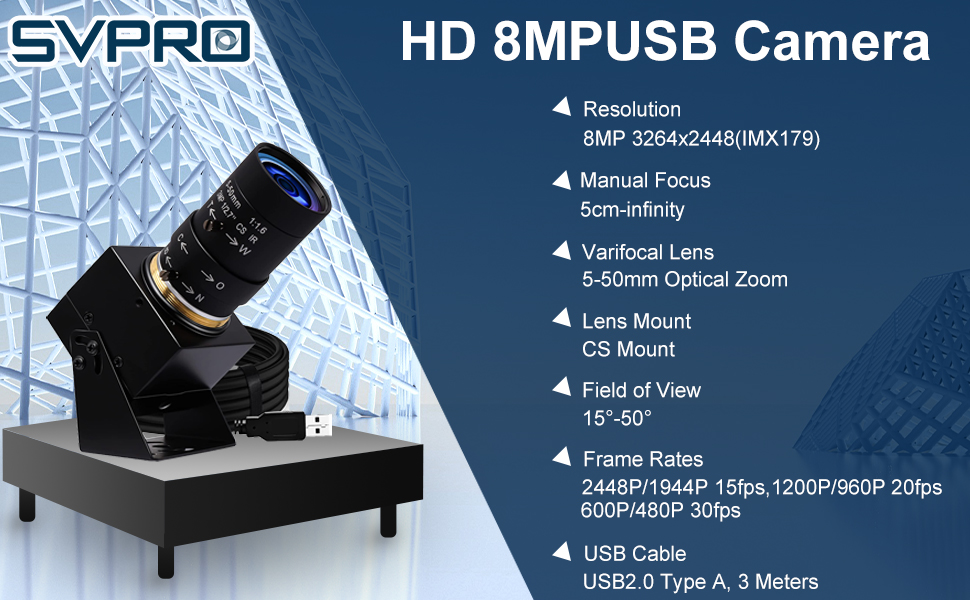 Amazon.com: SVPRO 8MP USB Camera Manual Focus Webcam with Varifocal 5-50mm CS Mount Lens-10X ...