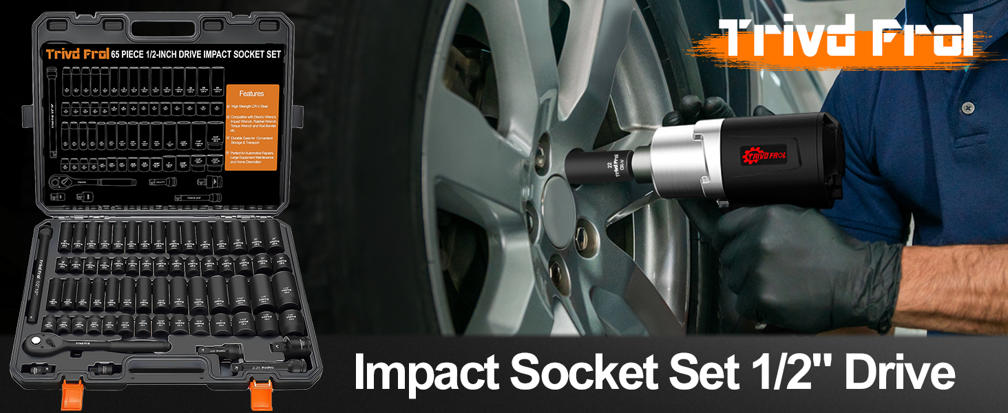 Impact Socket Wrench Set 1/2" Drive - Trivd Frol 65pcs Impact Socket Set Metric and Standard ...