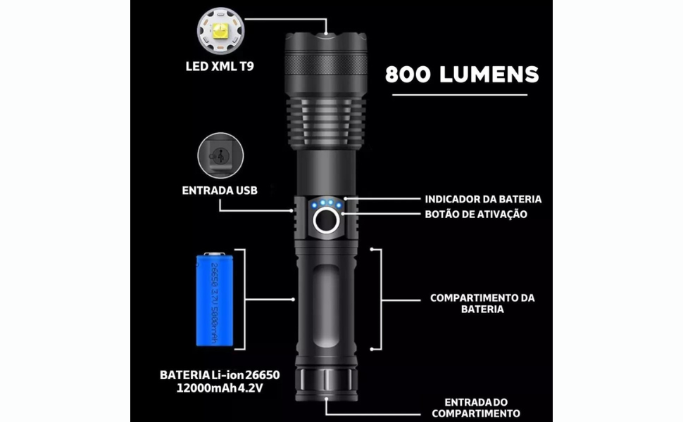 Super Lanterna Tática T9 Militar: LED de Alta Intensidade, Zoom Ajustável, USB Recarregável para ...