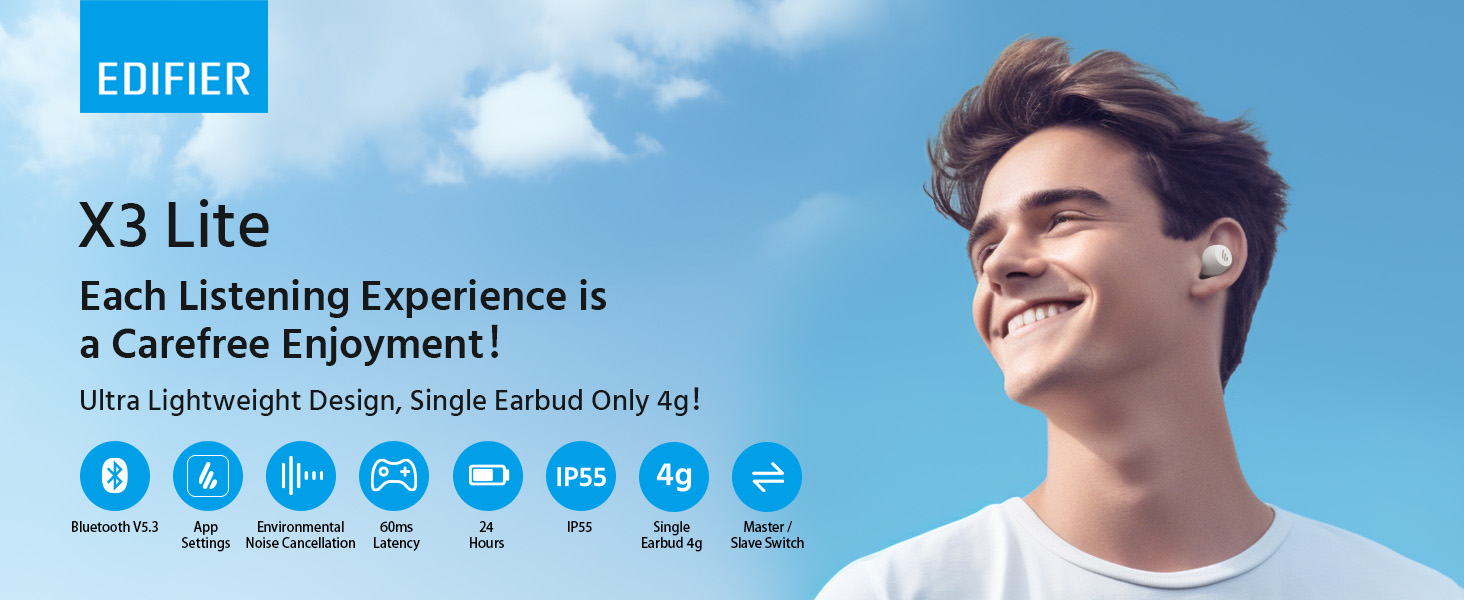 Edifier X3 Lite True Wireless Earbuds, AI Call Noise Cancellation, Bluetooth 5.3, IP55 ...