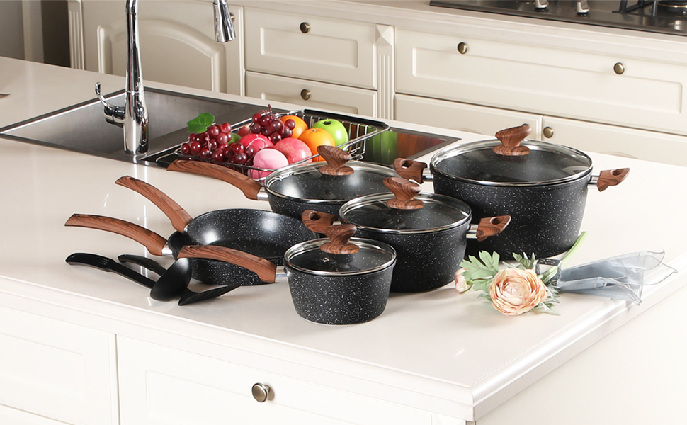 Amazon.com: Kitchen Academy Induction Cookware Sets - 12 Piece Cooking Pan Set, Granite Black ...