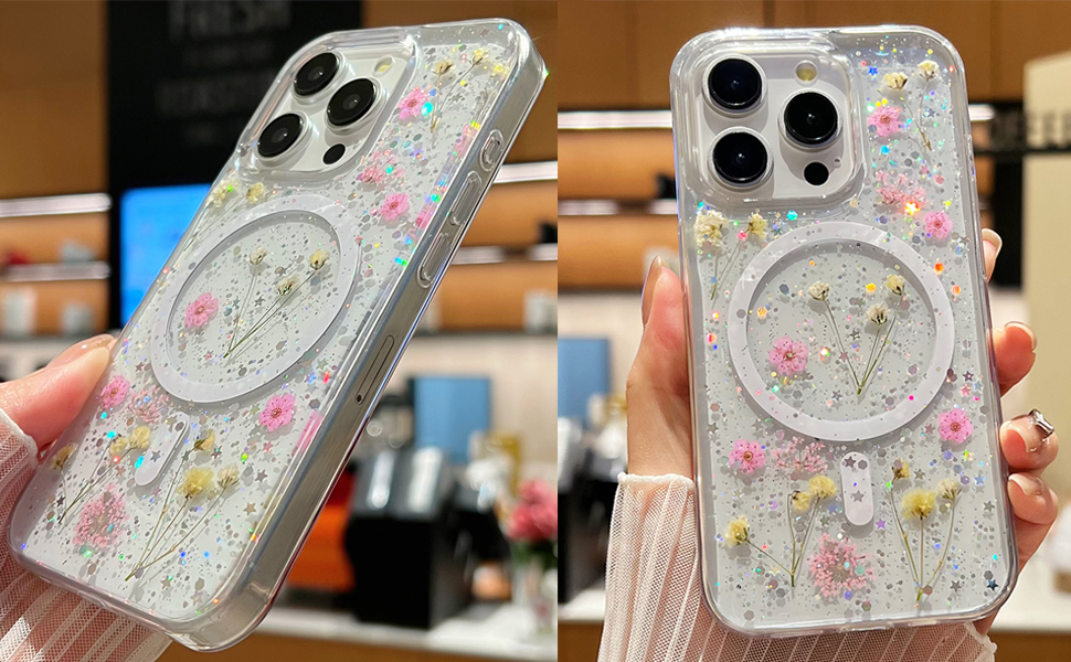 Amazon.com: ASONCE Cute Real Flowers for iPhone 16 Pro Case [Compatible with MagSafe] Glitter ...