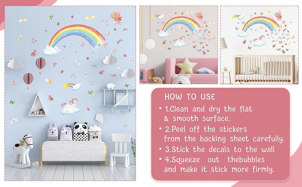 Amazon.com: Huimdery Rainbow Wall Decals Unicorn Wall Decals for Girls Bedroom Fairy Butterflies ...