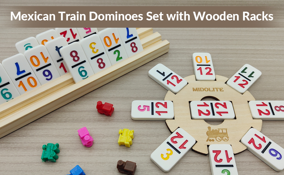Amazon.com: Mexican Train Dominoes Set with Numbers and 4 Wooden Racks ...