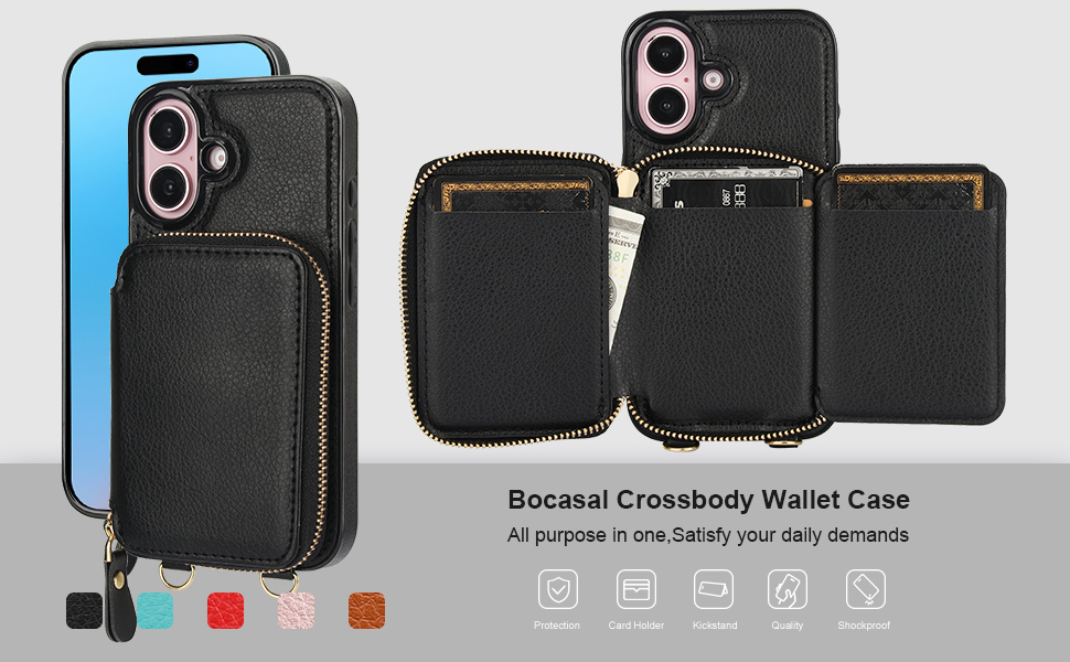 Amazon.com: Bocasal RFID Blocking Wallet Case for iPhone 16, Adjustable Crossbody Zipper Purse ...