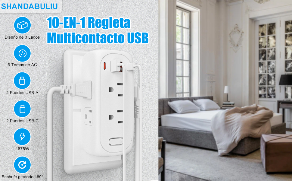 SHANDABULIU 10 en 1 Regleta Multicontacto USB, Extensión Multicontacto Pared con 6 Salidas, 2 ...