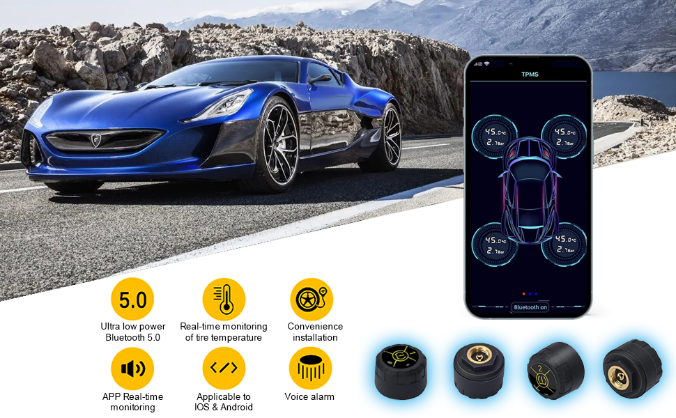 Amazon.com: ArTea Wireless Tire Pressure Monitoring System TPMS Sensor Real-time Bluetooth ...