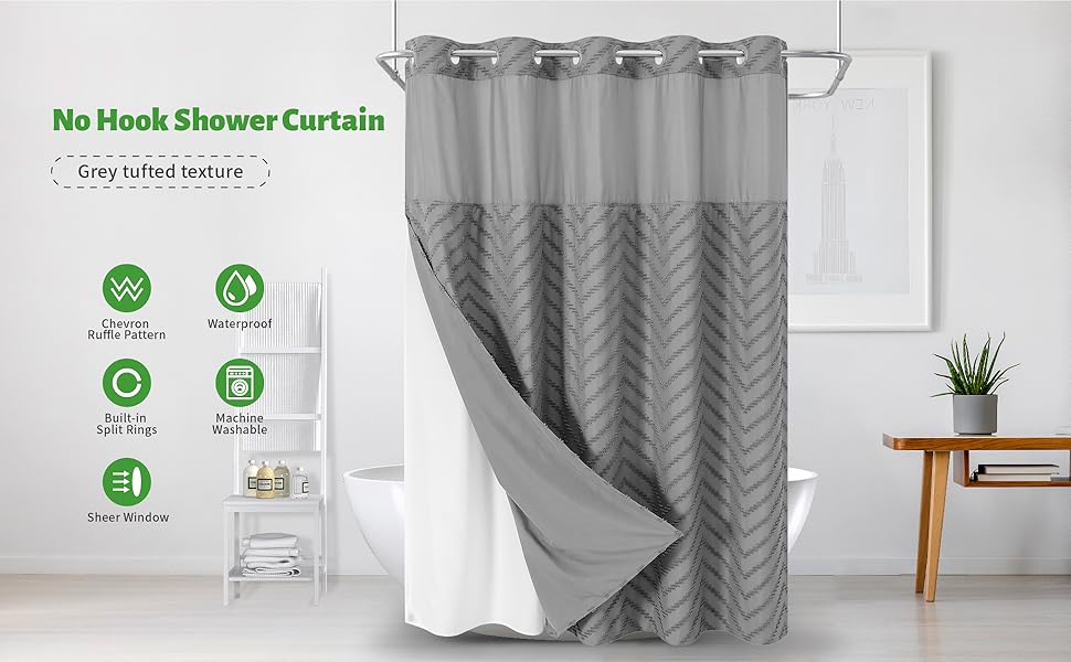 Amazon.com: eachope No Hook Tufted Chevron Striped Shower Curtain with Snap-in Fabric Liner set ...