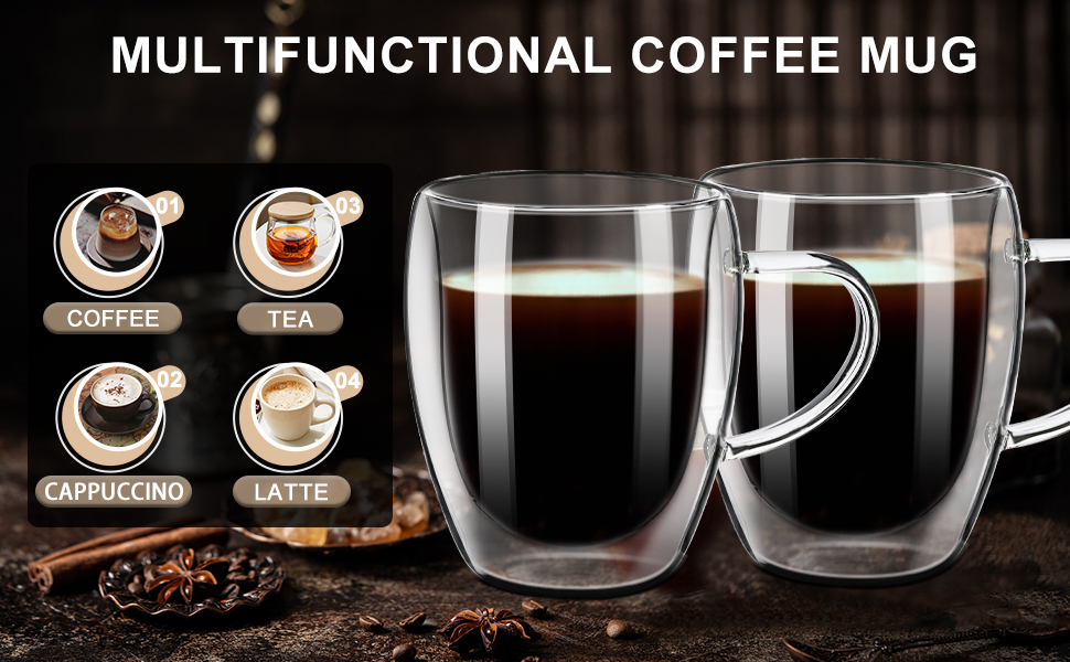 PARACITY Coffee Mugs Set of 2, Double Wall Coffee Mug 12 OZ, Glass ...