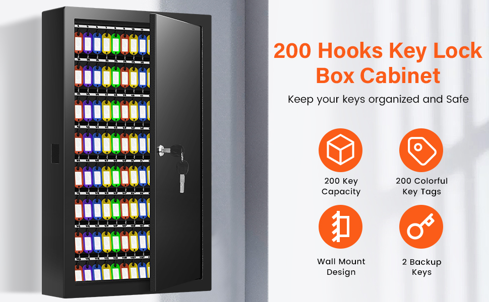 200 Hooks Key Cabinet, Anti-Theft Key Lock Box with Key Tags, Adjustable Keys Organizer Wall ...