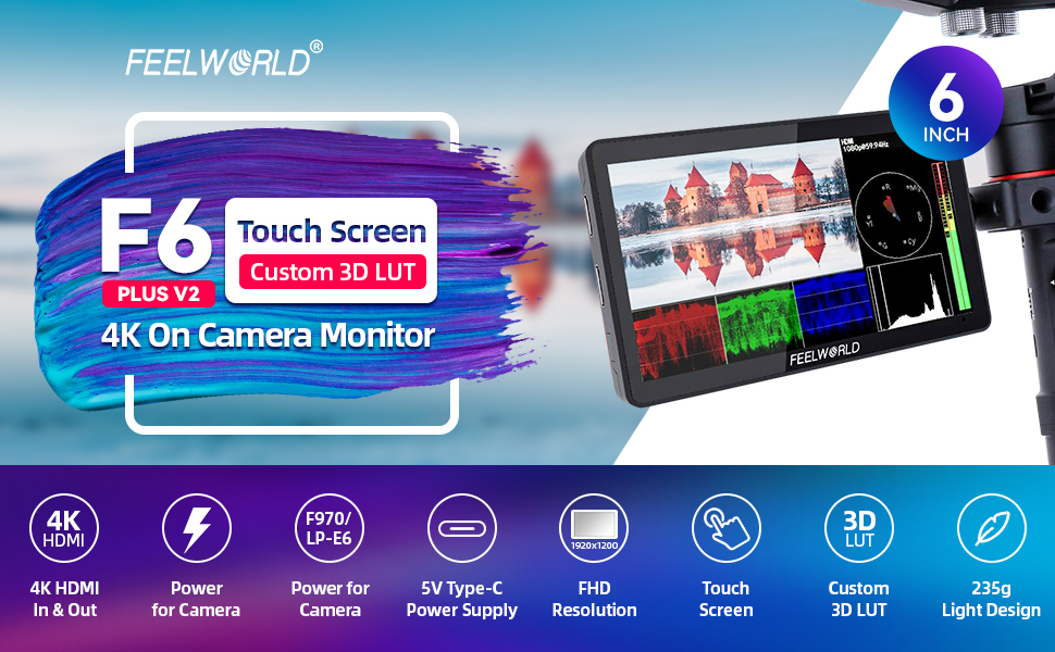 FEELWORLD F6 Plus V2 6-inch On-Camera Field Monitor HDMI IPS 1920x1080 Screen with 3D LUT Touch ...
