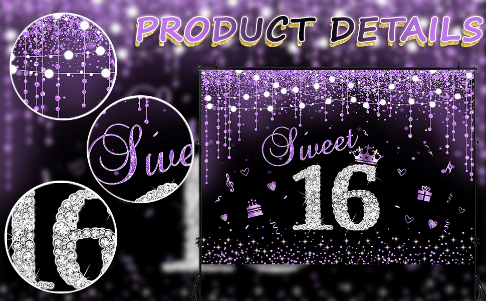 Amazon.com : Mocsicka Sweet 16 Backdrop Purple Shiny Glitter Dots Diamond Princess 16th Birthday ...