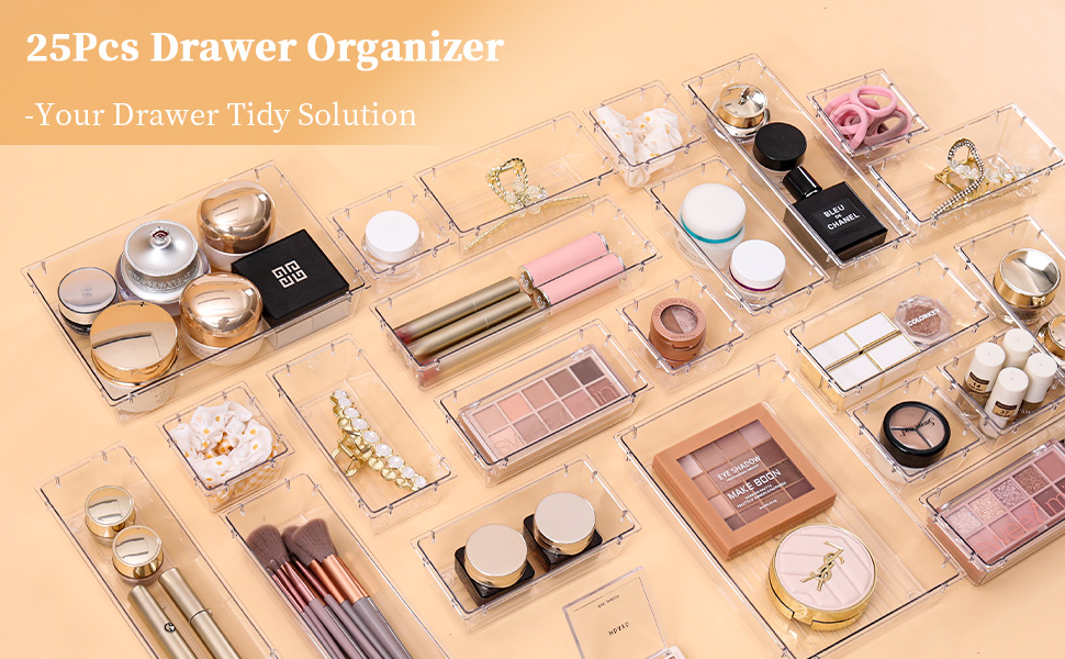 Amazon.com: Clear Plastic Drawer Organizer Set - 25 Pcs Desk Makeup ...