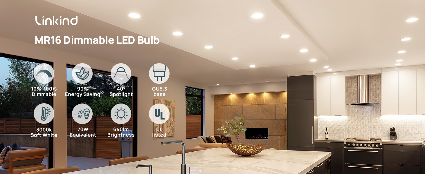 Linkind MR16 LED Bulb Dimmable, GU5.3 Bi-Pin Base 6.5W (70W Equivalent) 3000K Soft White 640lm ...