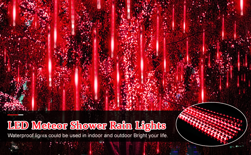 JMEXSUSS Solar Meteor Shower Rain Lights, 8 Tube 144 LEDs Red ...