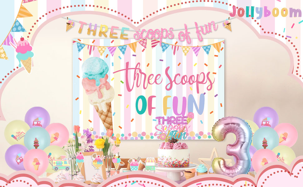 Amazon.com: Jollyboom Three Scoops of Fun Birthday Decorations for Girls, Ice Cream 3rd Birthday ...
