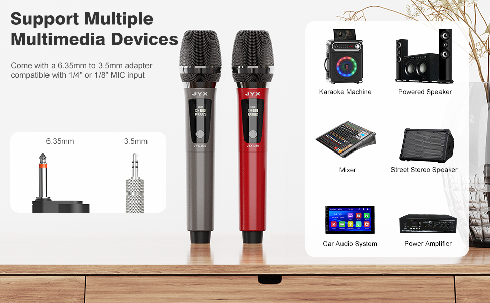 JYX Wireless Microphone, Dual UHF Metal Rechargeable Handheld Dynamic Cordless Mic, Karaoke ...
