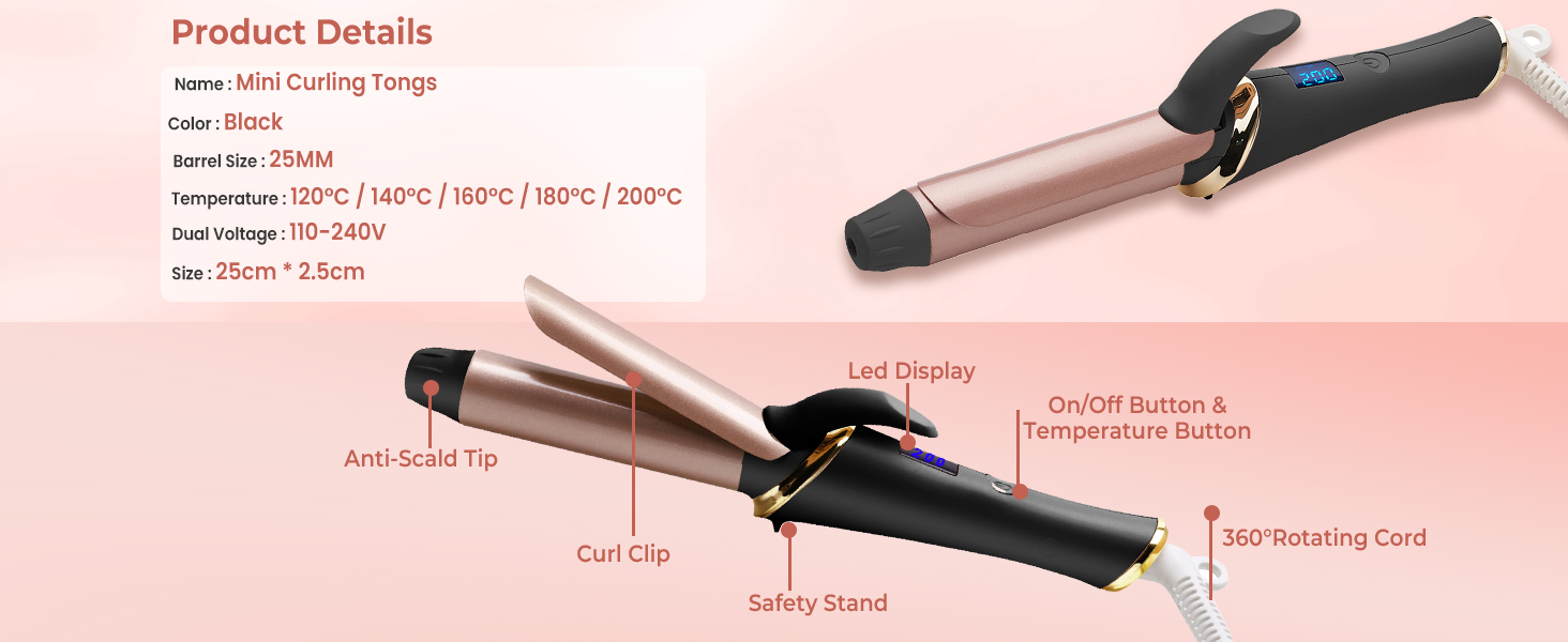 Mini Curling Tongs for Short Hair, 25mm Travel Size Mini Hair Curler,5 Temperature Adjustable ...