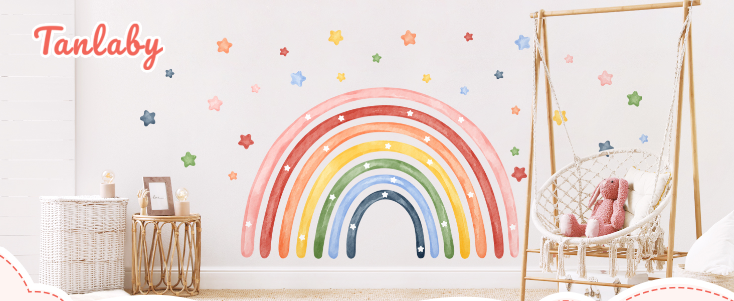 Amazon.com: Tanlaby 56" X 35" Large Rainbow Wall Stickers Watercolor Stars Wall Decals Peel and ...
