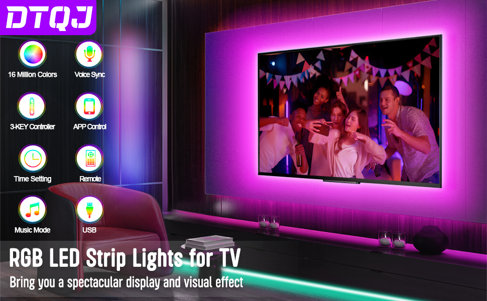 DTQJ TV LED Lights ，4M USB Strip Lights Backlights for 43-55 inch, Music Sync LED TV Lights with ...