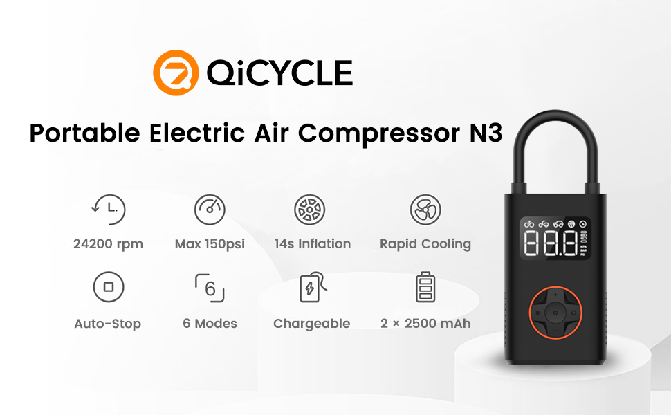 QiCYCLE N3 Portable Air Compressor, Tyre Inflator, Electric Bike Pump 150PSI, 5000mAh, 10.3 bar ...