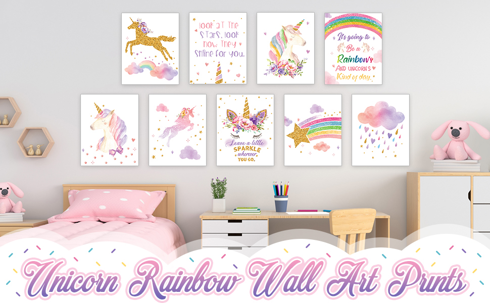 9 Pieces Unicorn Rainbow Wall Art Prints Unframed Watercolor Unicorn ...