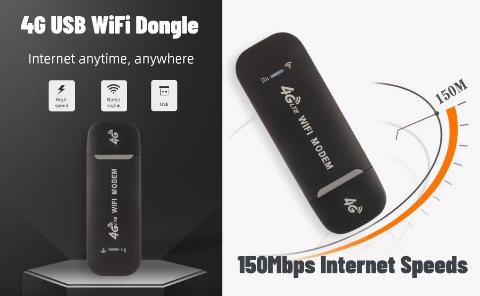 4G LTE USB WiFi Modem Dongle, 150Mbps Speed, Connect up to 10 Devices, Mobile WiFi Hotspot with ...