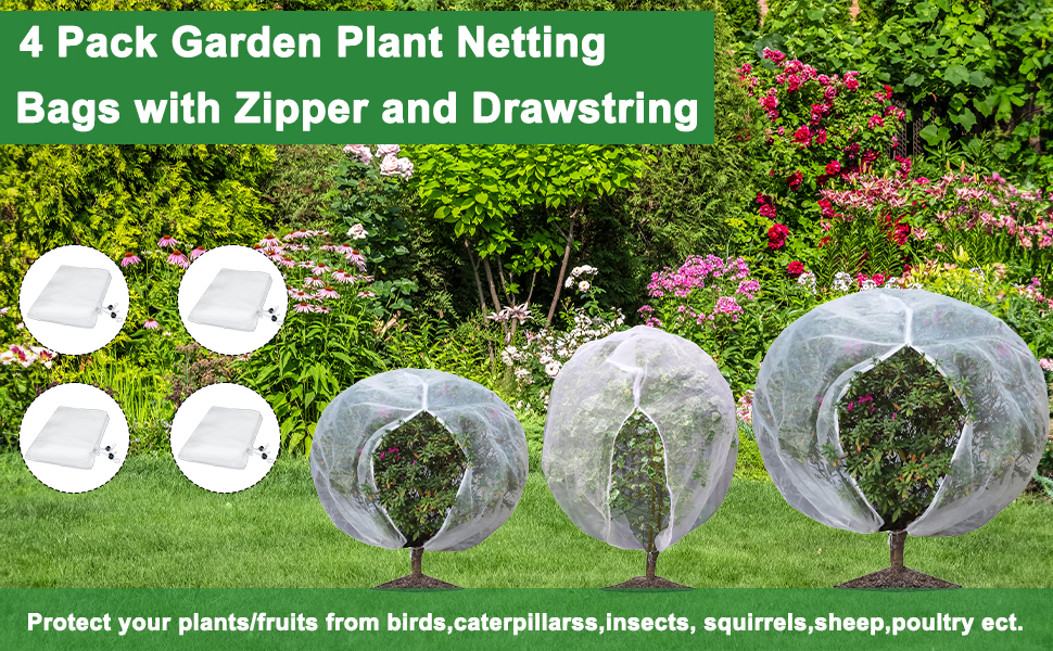 Amazon.com : 4 Pack Fruit Tree Netting with Zipper & Drawstring, Ultra Fine Bird Barrier Garden ...