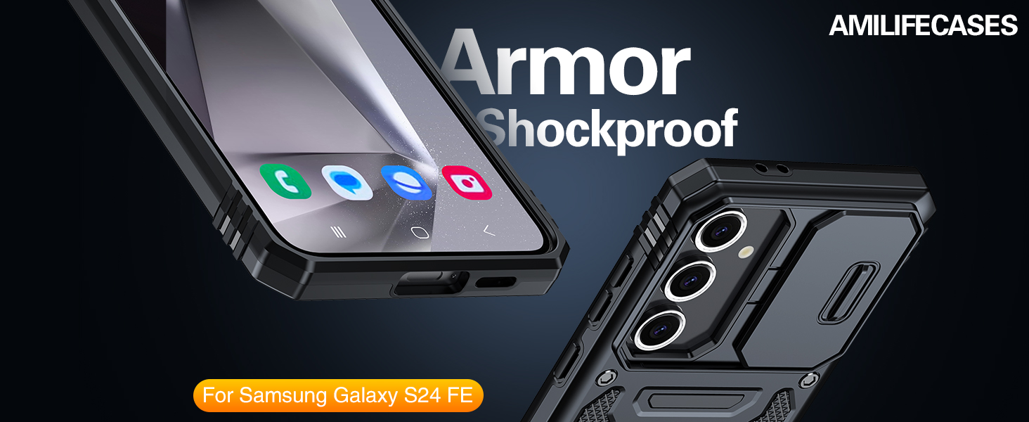 AMILIFECASES for Samsung Galaxy S24 FE Case, [Built-in Slide Camera Cover & Rotatable Kickstand ...