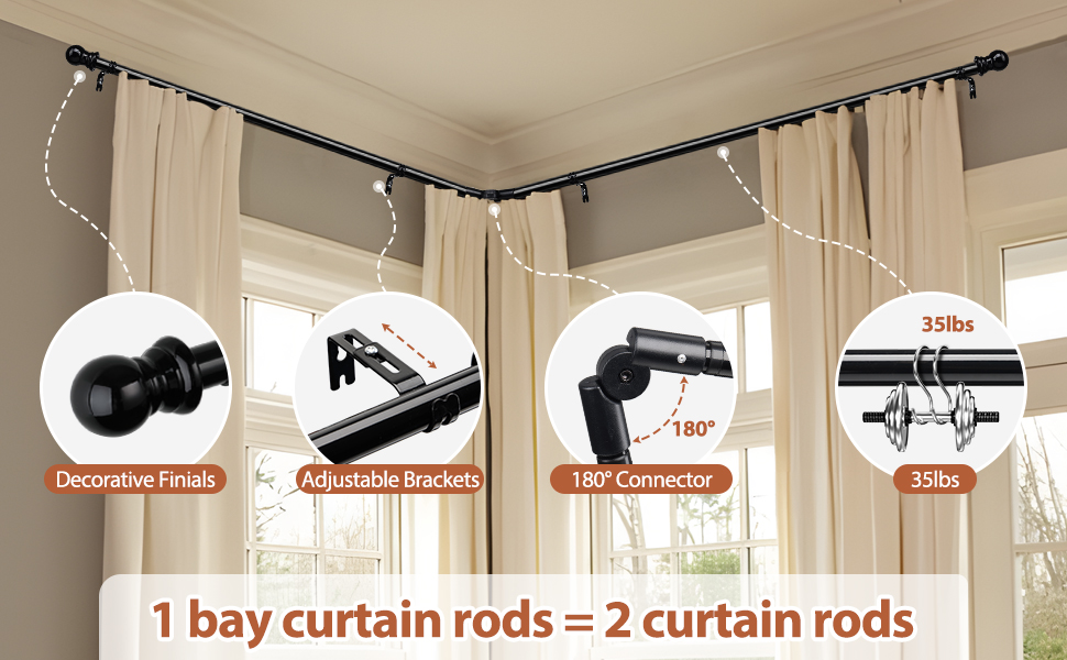 Bay Window Curtain Rods, L Shaped Curved Corner Curtain Rod for Windows 30 to 136 Inches, 1 Inch ...