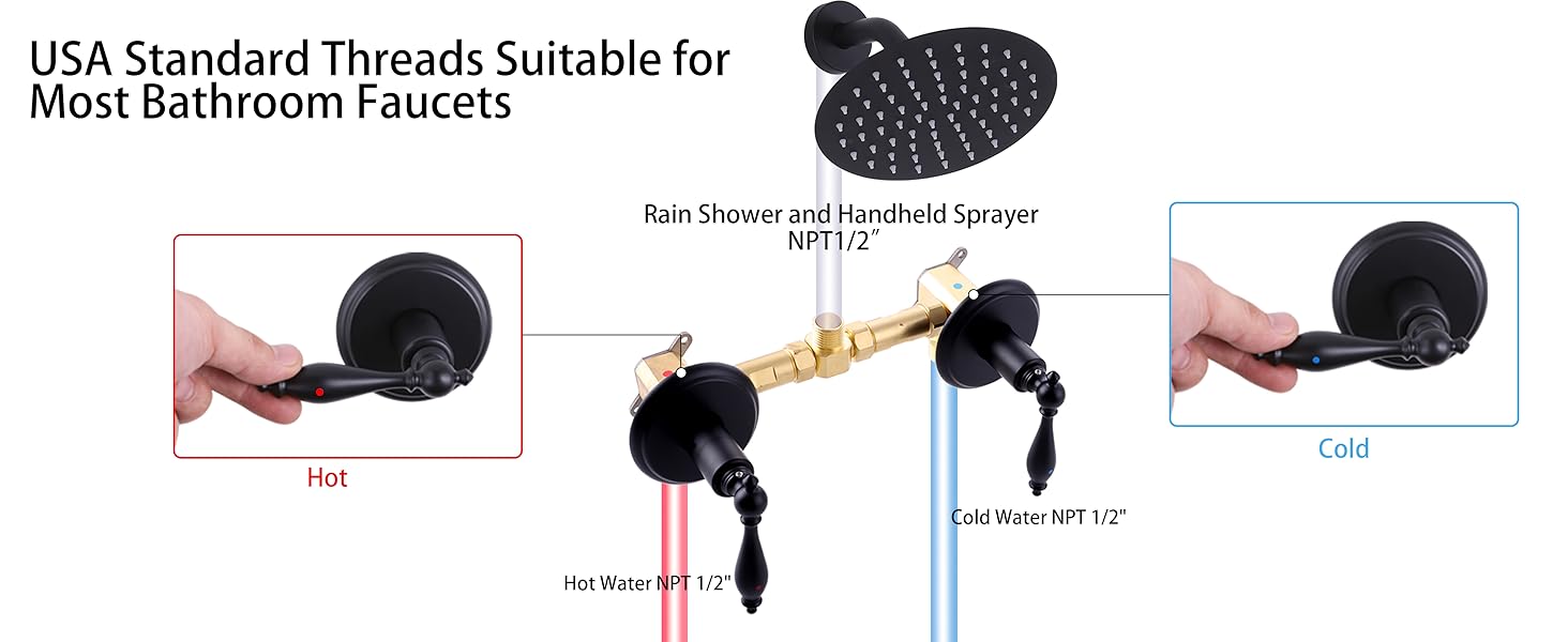 LIWEIKE 2 Handle Shower Faucet Set, Matte Black Two Handles Shower Faucet with 8 Inch Rain ...