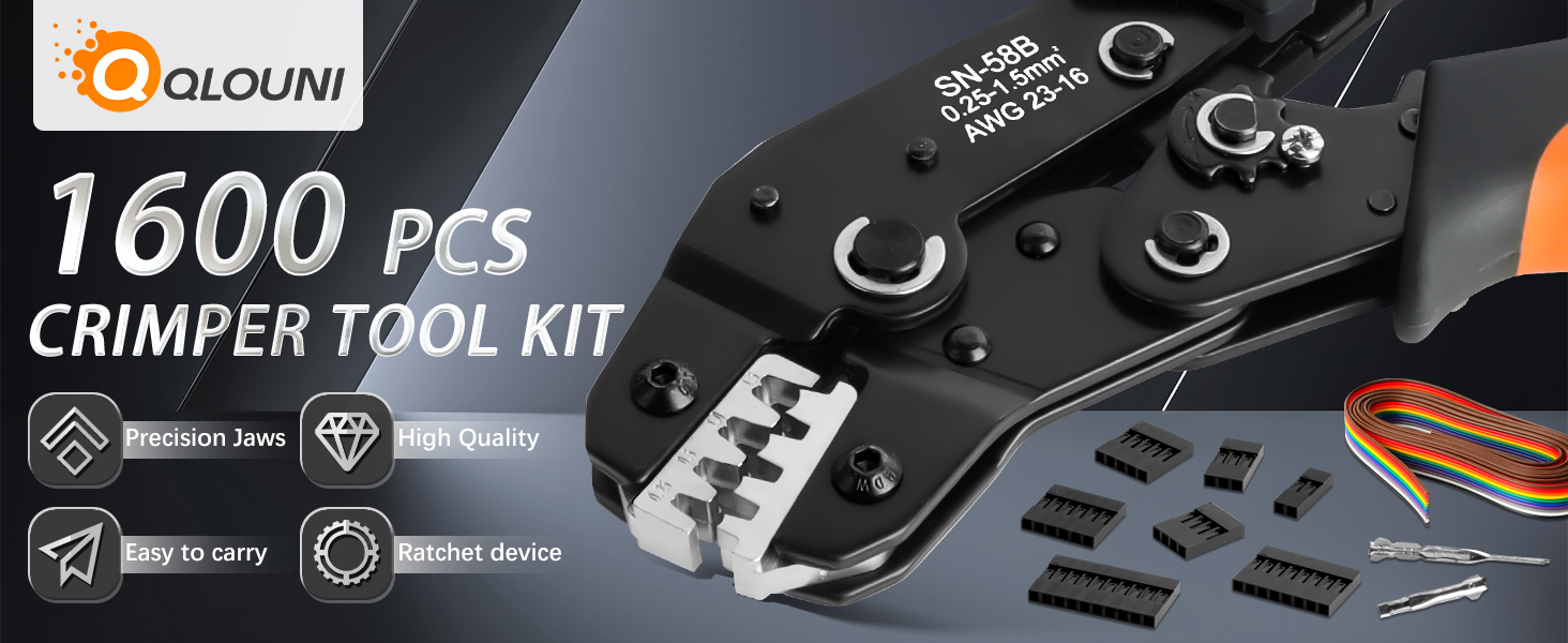 QLOUNI Dupont Crimping Tool Kit with 1600PCS 2.54mm Dupont Connectors, AWG 23-16(0.25-1.5mm² ...