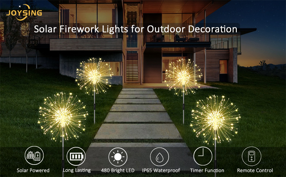 Joysing Solar Lights Outdoor Garden 4 x 120 LED Solar Firework Lights, 8 Modes Starburst Light ...
