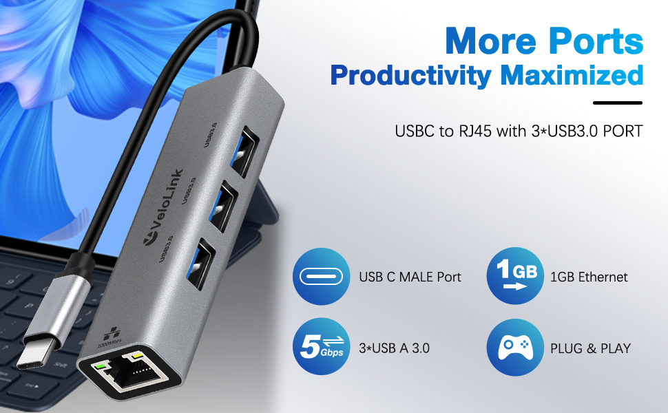 Amazon.com: Velolink 4-in-1 USB 3.0 Hub with Gigabit Ethernet Adapter for Laptop, PC, MacBook ...