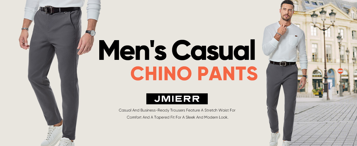 JMIERR Men's Stretch Chino Pants Casual Stretch Waist Slim Fit Tapered Cotton Twill Trousers ...
