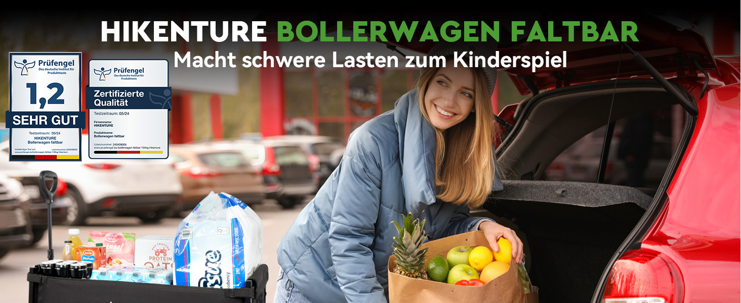 HIKENTURE Bollerwagen Faltbar mit Bremen - 140 Liter Volumen & 150KG belastbar - Extrem ...