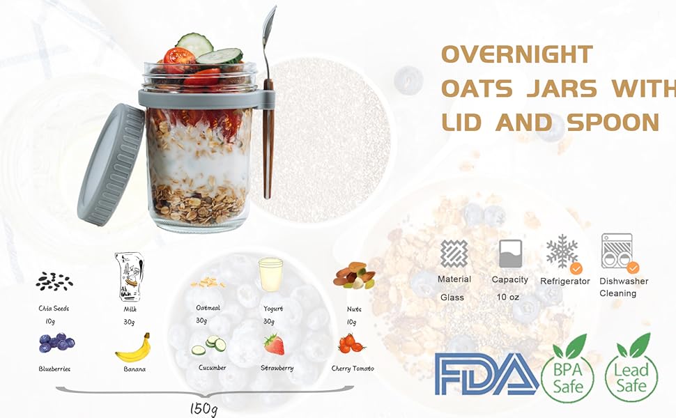 Overnight Oats Container, Overnight Oats jars with Lid and Spoon, 10 oz Glass Airtight Yogurt ...