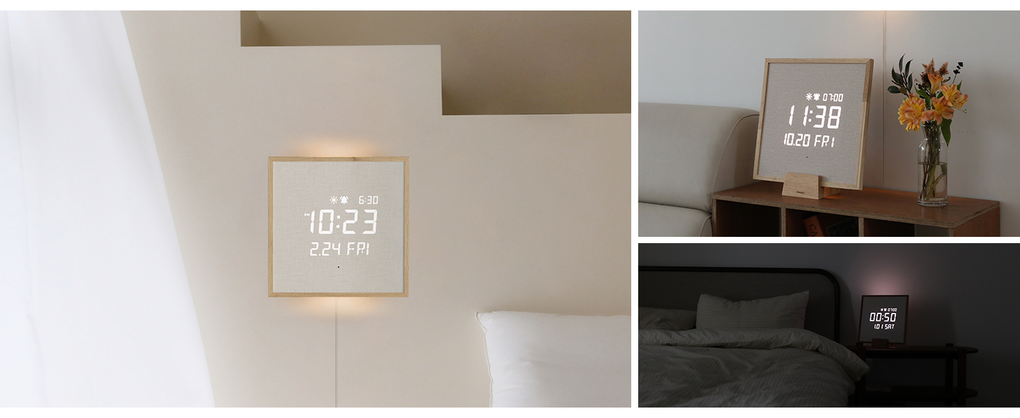 Amazon.co.jp: mooas 木製フレーム バックライト 常夜灯 LED 壁掛け時計、3つの使用モード、平日/週末選択アラーム、壁掛け/スタンドの2通り設置可能、多機能LED時計 ...