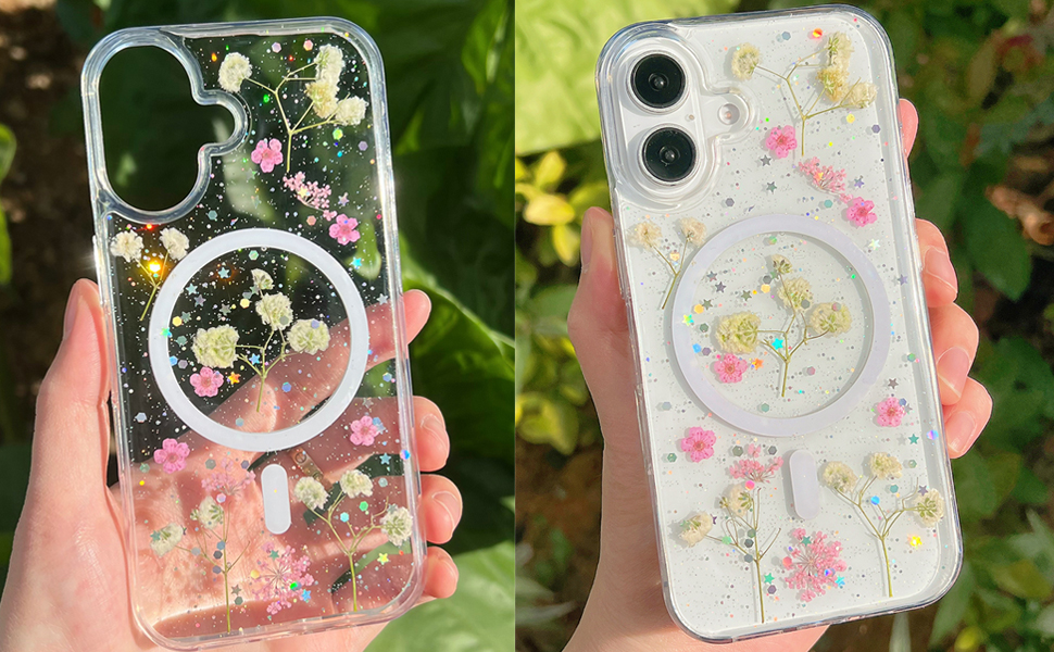 Amazon.com: ASONCE Cute Real Flowers for iPhone 16 Plus Case [Compatible with MagSafe] Glitter ...