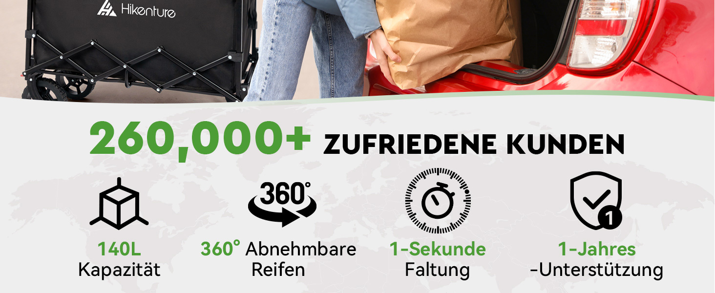 HIKENTURE Bollerwagen Faltbar mit Bremen - 140 Liter Volumen & 150KG belastbar - Extrem ...