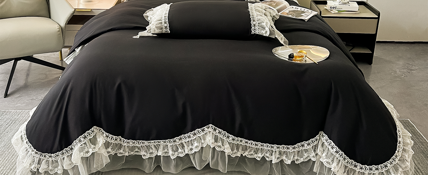 Amazon.com: MOOWOO Chic Ruffle Lace Polyester Duvet Cover Set -Girl Black Bedding-3 Piece Queen ...